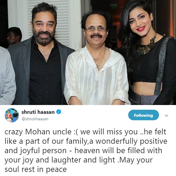Celebs Pay Last Respect To Crazy Mohan On Social Media Photos