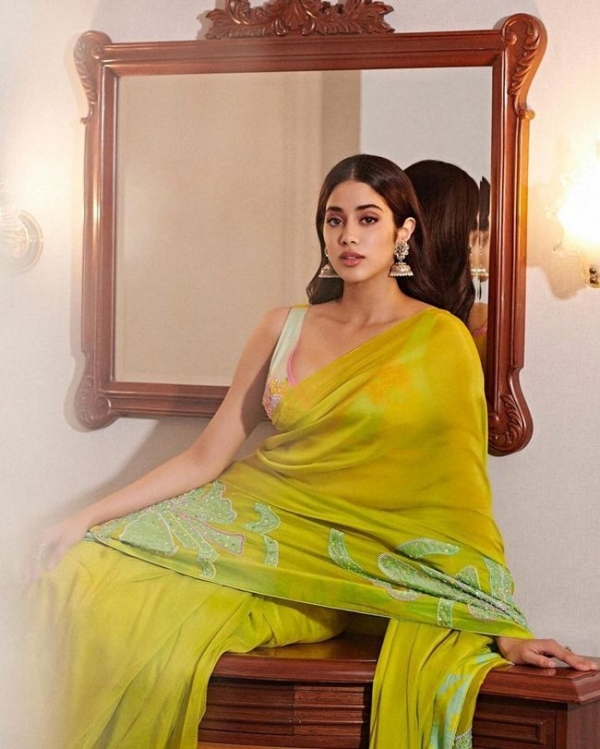 Janhvi Kapoor Looks Jaw Dropping Gorgeous In Neon Green Saree At Mili Promotions