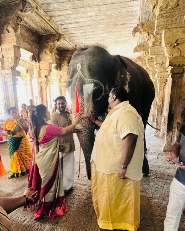 PHOTOS: ஸ்ரீரங்கம் யானையிடம் ஆசி வாங்கிய ரவீந்தர் - மகாலக்‌ஷ்மி ...